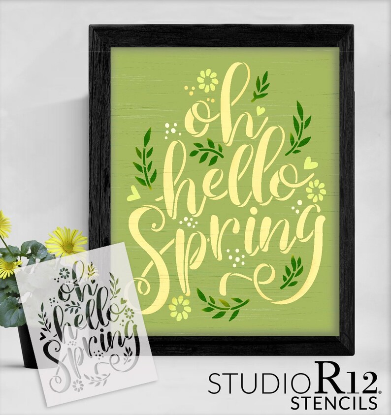 Oh Hello Spring Script Stencil With Flowers by Studior12 DIY - Etsy
