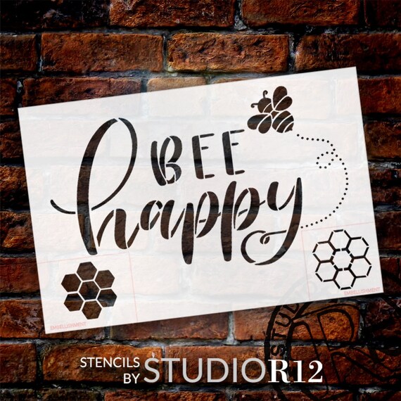 Bee Happy Script Stencil by Studior12 Craft DIY Spring Home - Etsy