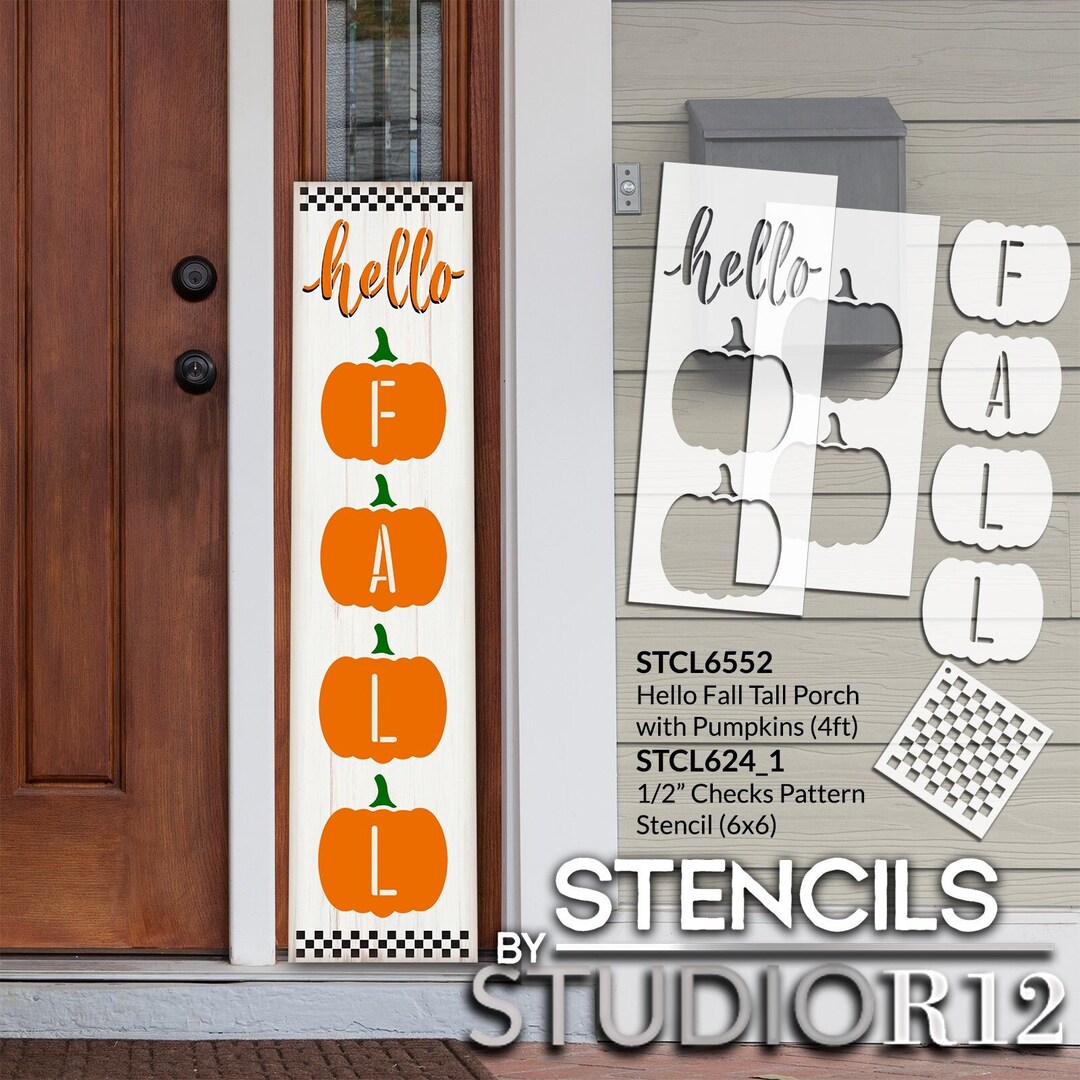 Vertical Hello Fall Tall Porch Sign Stencil W/ Pumpkins by Studior12 4 ...