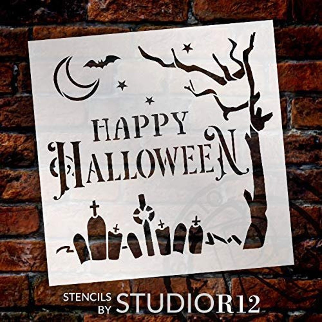 Happy Halloween Graveyard Stencil With Moon by Studior12 DIY Fall Home ...