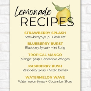 Lemonade Bar Recipe Menu Sign – Printable Lemonade Station Decor ...