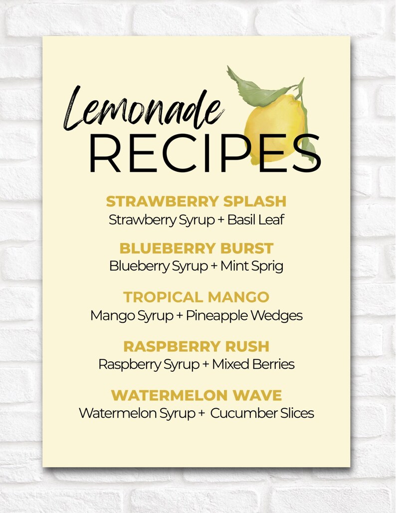 Lemonade Bar Recipe Menu Sign – Printable Lemonade Station Decor ...