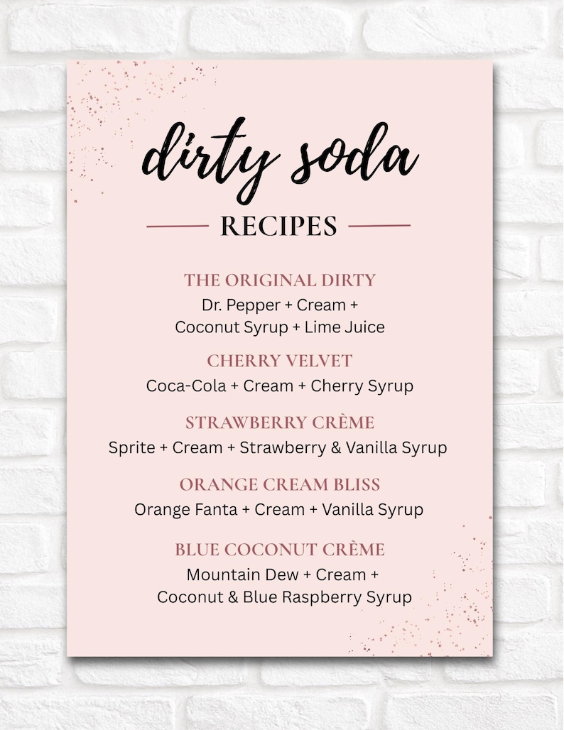 Dirty Soda Recipes Sign – Printable Drink Menu – Elegant Rose Gold ...