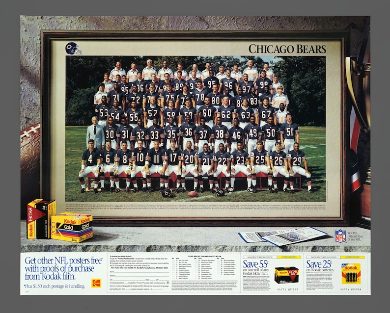 1991 Chicago Bears KODAK Promo Poster 17.5 X 22 Vintage Poster | Etsy