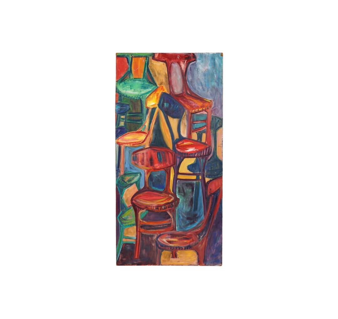 Vintage Expressionist Acrylic Painting on Board Still Life Chairs - Etsy