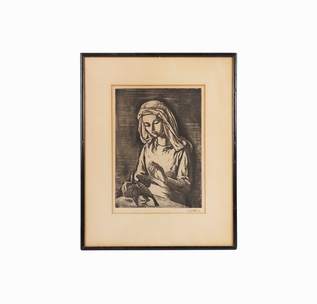 Frederic Taubes "girl With Finch" Etching Print on Paper - Etsy