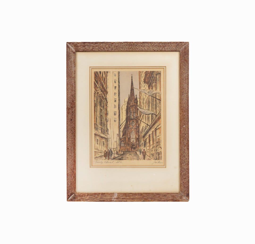 Early 20th C. Trinity Church Lithograph on Paper Print Wall Street New ...