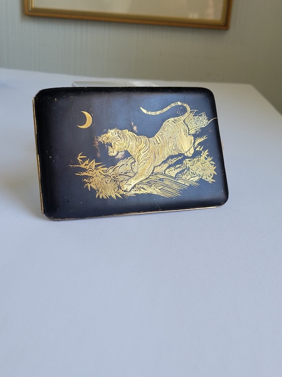 Antique Japanese Damascene Gold Tiger Cigarette Case - Gem