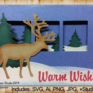 Layered Reindeer Christmas Holiday Card Cutting Files Snow, Pine Trees ...