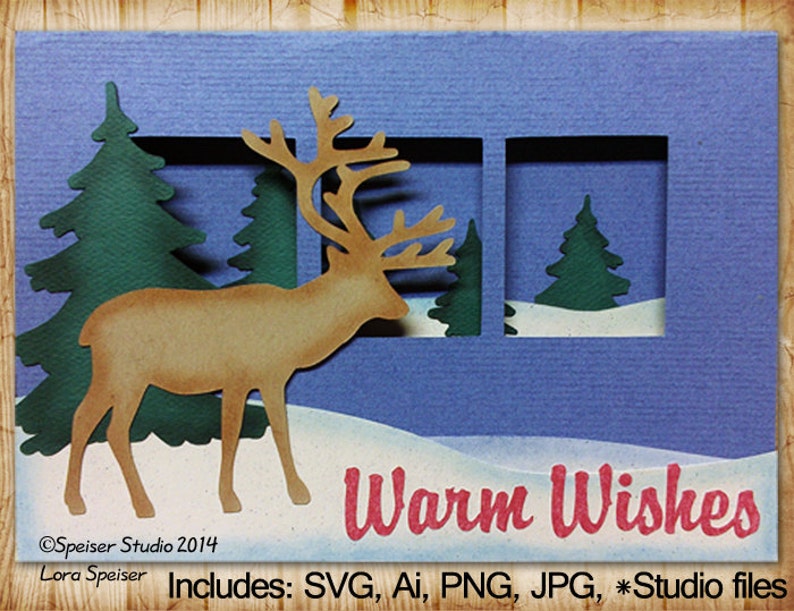 Layered Reindeer Christmas Holiday Card Cutting Files Snow, Pine Trees ...