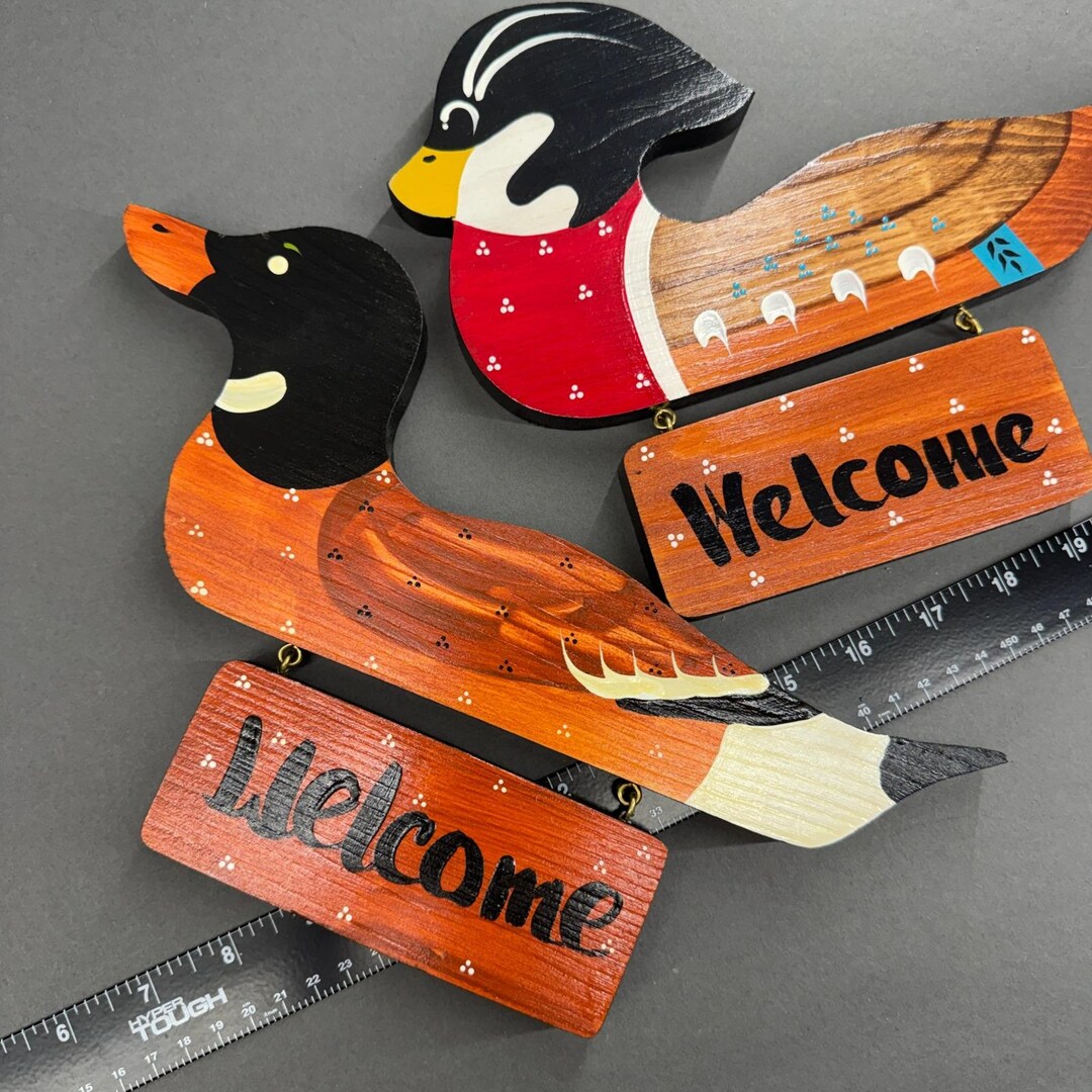 Hand Painted Wooden Ducks Welcome Sign Decorative Wall Hanging Folk Art ...
