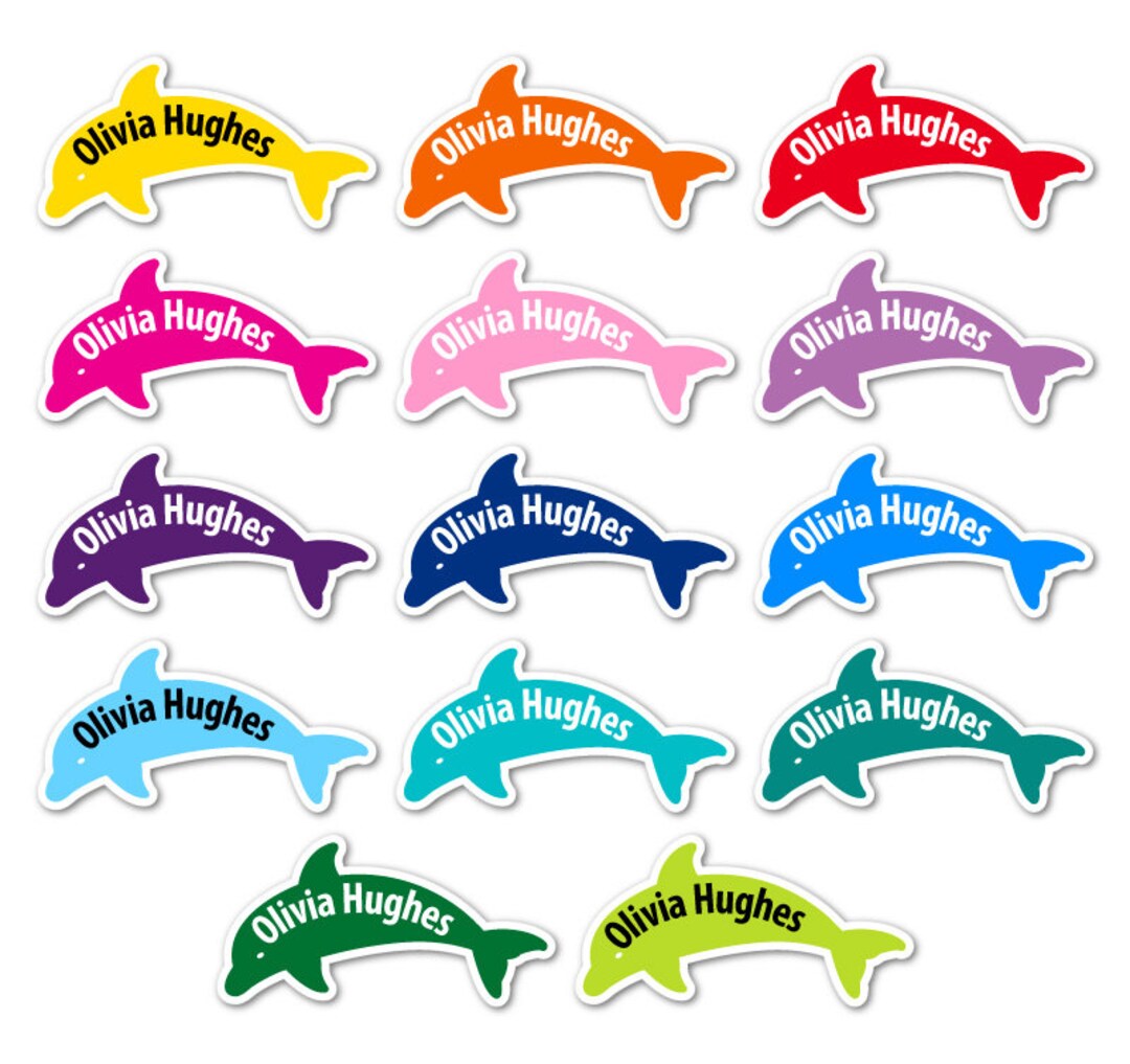 45 Personalised Dolphin Shaped Waterproof Vinyl Stick on School Name ...