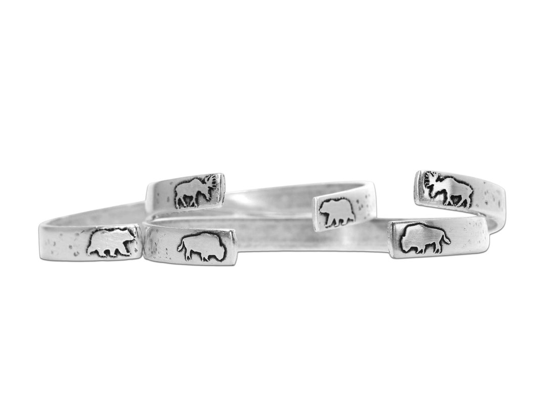 Matte Silver Skinny Buffalo Cuff. Bison Jewelry. Set of 3 Men's Cuff ...