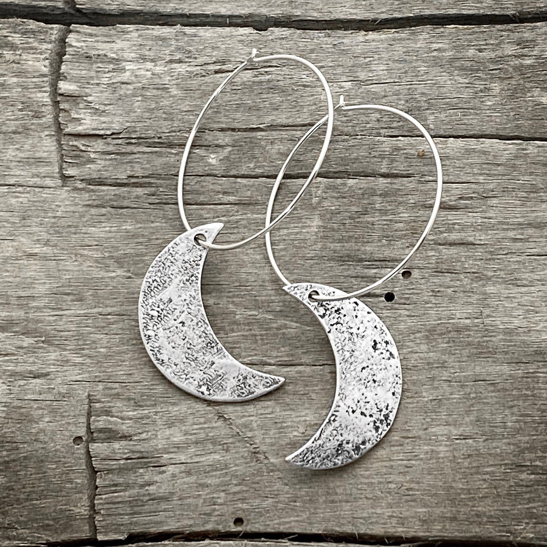 Crescent Moon Hoop Earrings hand etched sterling silver | Etsy