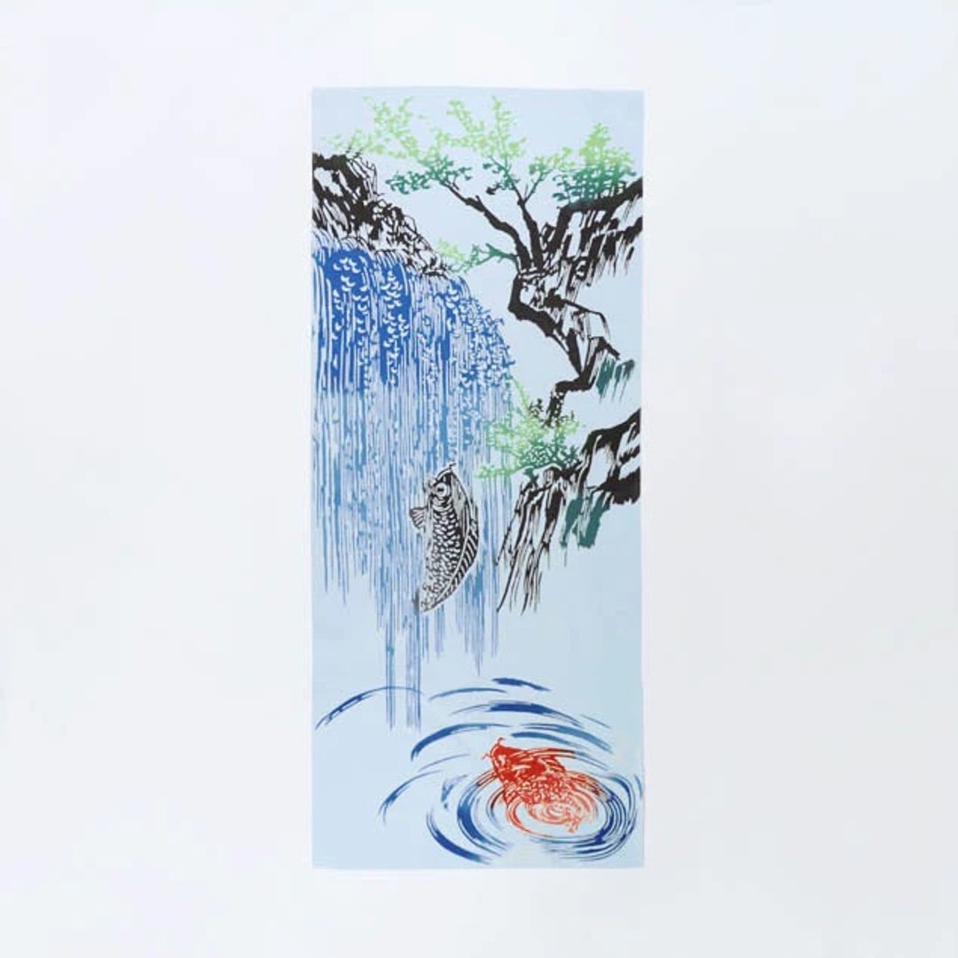 Leaping Koi Japanese Tenugui Art, Versatile Cotton Towel, Hand-dyed and ...