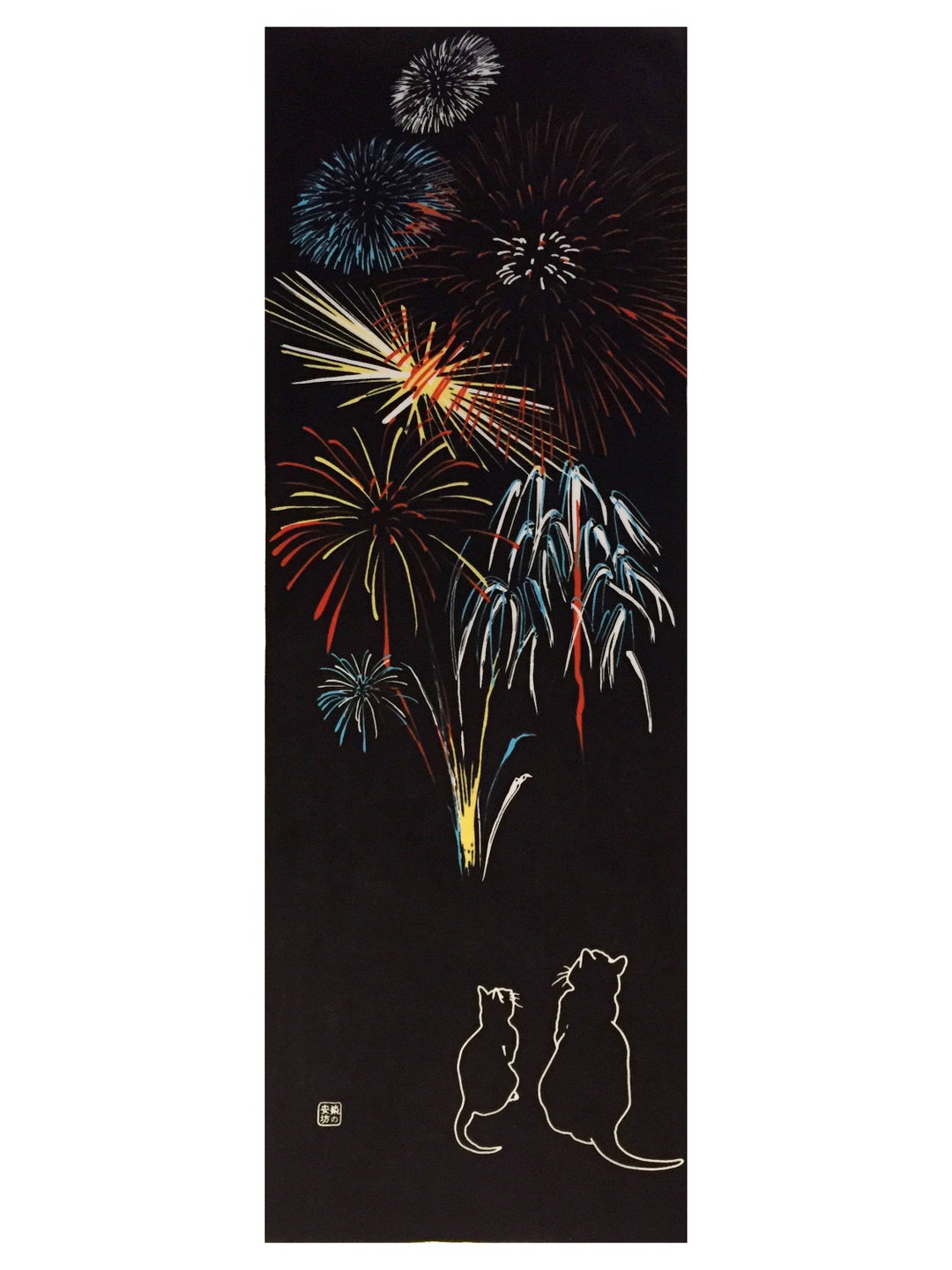 Hanabi and Cats Japanese Tenugui Art, Versatile Cotton Towel, Hand-dyed ...