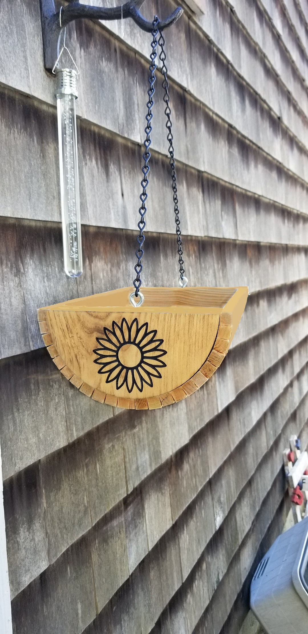 Stained Hanging Half Moon Planter Daisy Side Design Chain Rope Wooden ...
