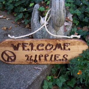 Welcome Hippies Wooden Wood Stained Handmade Handcrafted Carved/etched ...