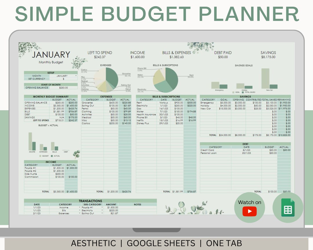Simple Budget Planner Google Sheet Template | Monthly Expenses, Bills ...