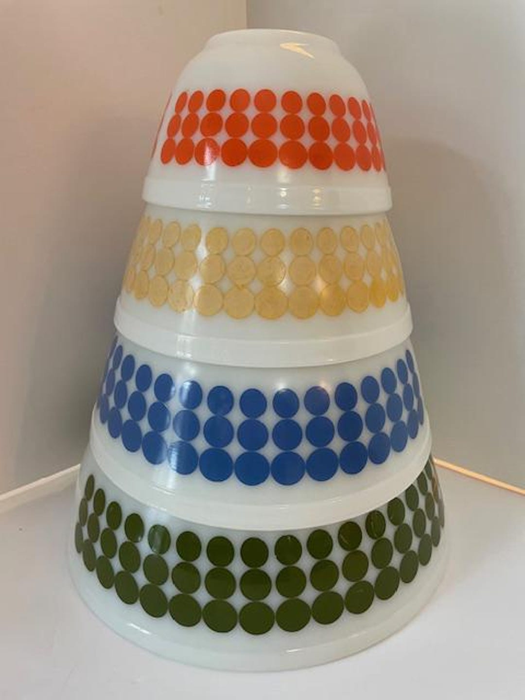 Vintage Pyrex Dots Mixing Bows, Complete 4 Piece Set, Green Dot 404 ...