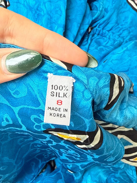 1990 silk bright blue abstract pattern brocade mini w… - Gem