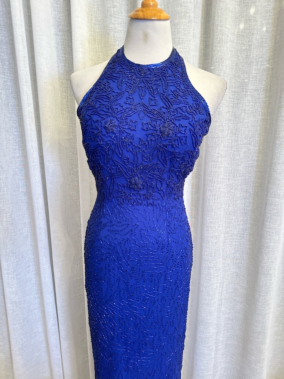 SCALA Cobalt Blue Beaded Silk Halter Gown - Gem