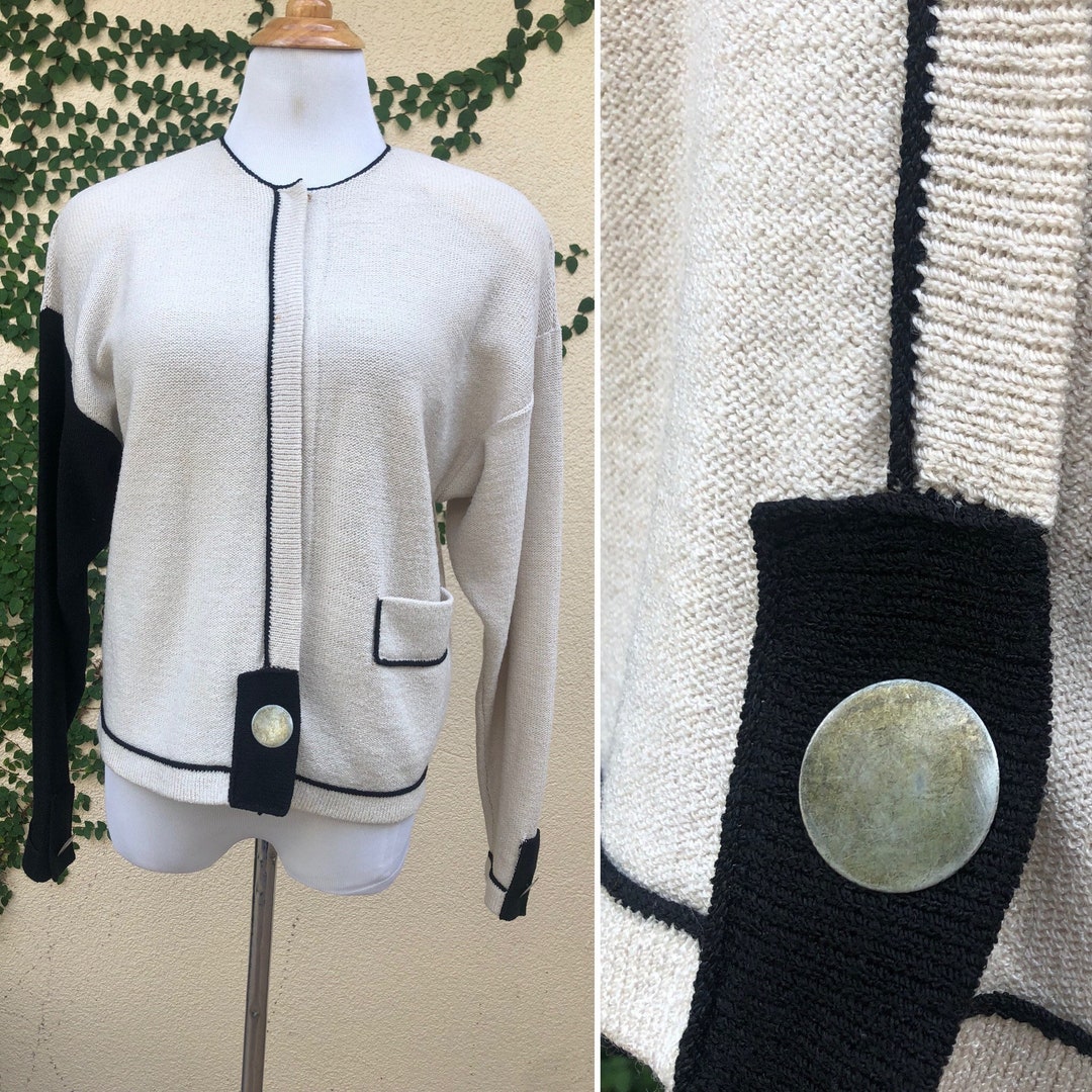 Steve Fabrikant Black and Ecru Tan Color Block Knitted Cardigan ...