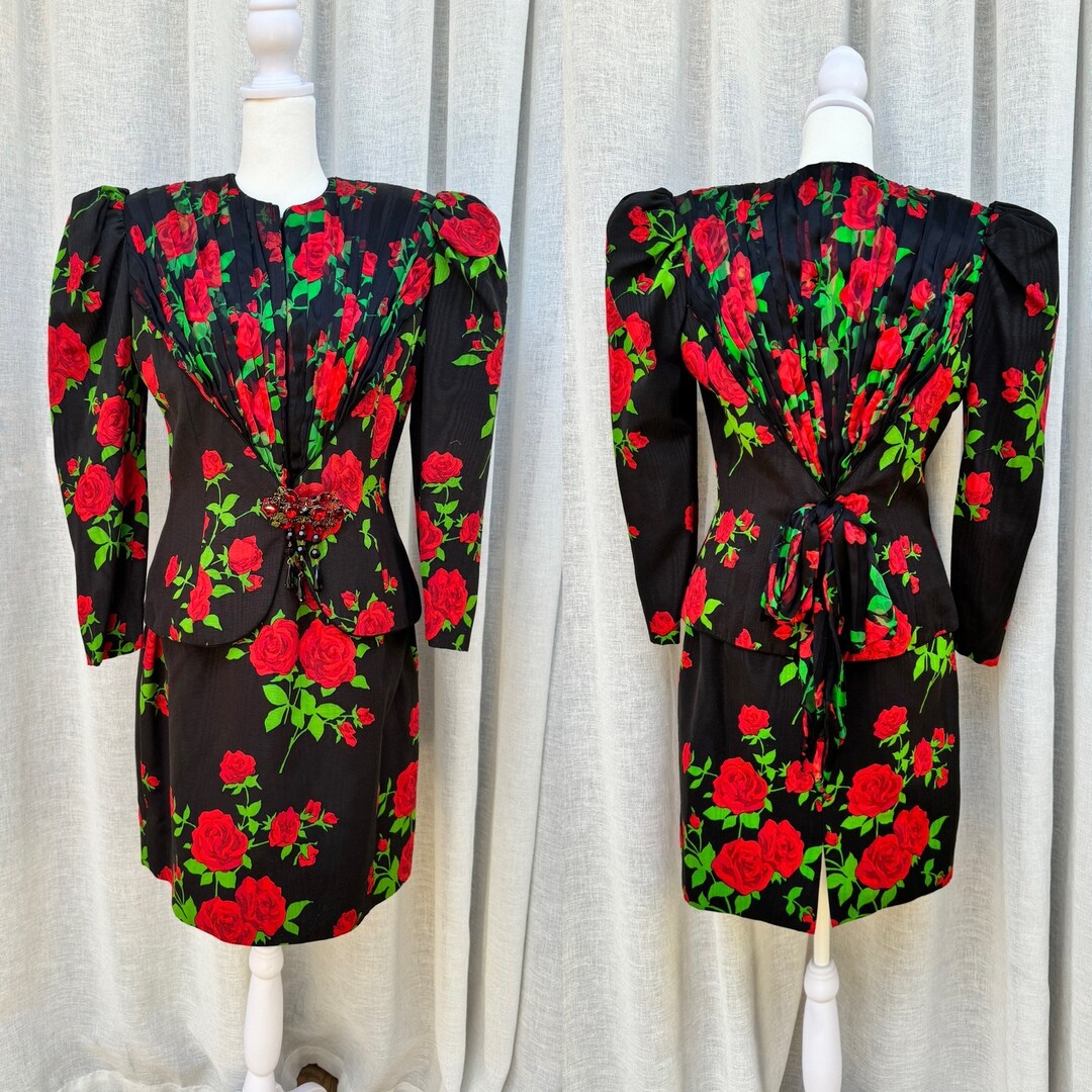Patricia Rhodes Silk Red Rose on Black Blazer and Skirt Suit - Etsy