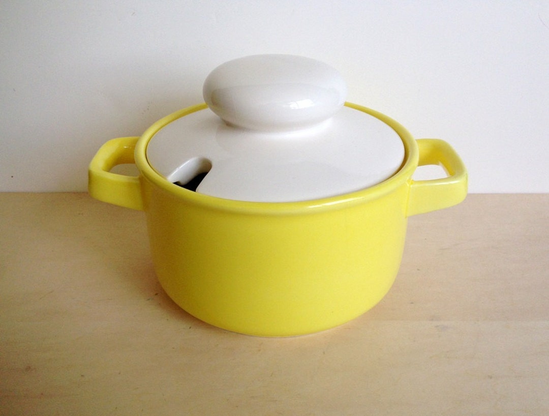 Vintage Ceramic Cook Pot, Bright Yellow, White Lid - Etsy