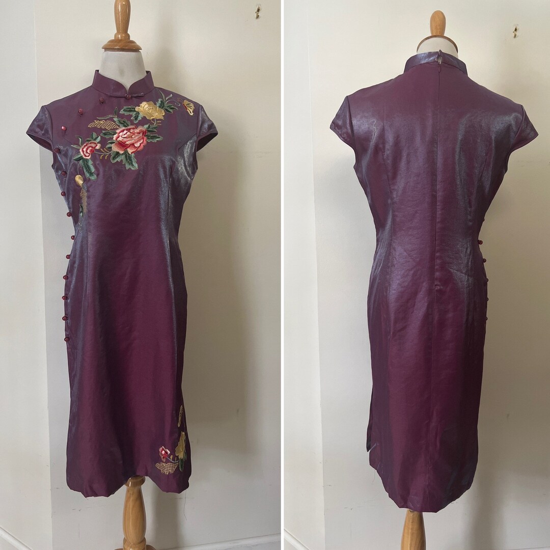 Chinese Vintage Smooth Purple Cheongsam Dress Machine Embroidery Floral ...