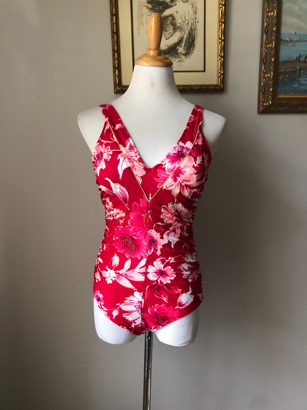 Vintage 1980’s Gabar Red Floral One Piece Bathing Suit - Etsy