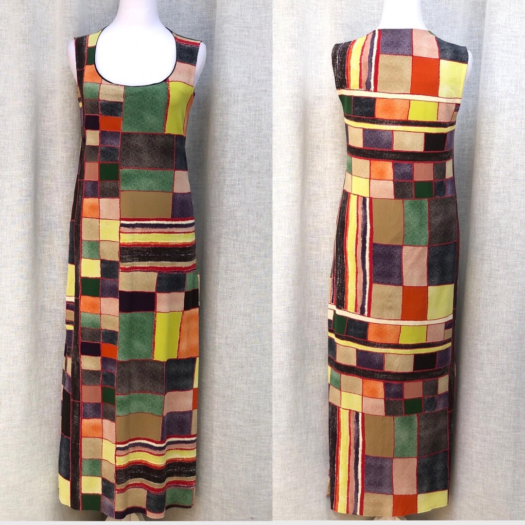 Early 2000s Sleeveless Color Block Patchwork Pattern Slip Summer Dress ...