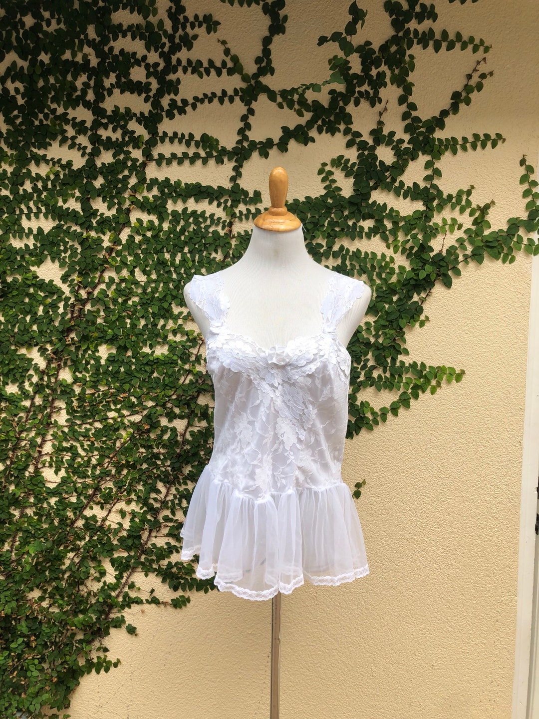 Vintage White Nylon Chemise Camisole Wide Lace Spaghetti Strap Top With ...
