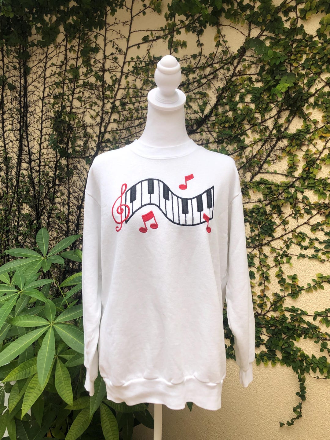 1980 Musical Notes Embroidered White Crewneck Sweater Sweatshirt - Etsy