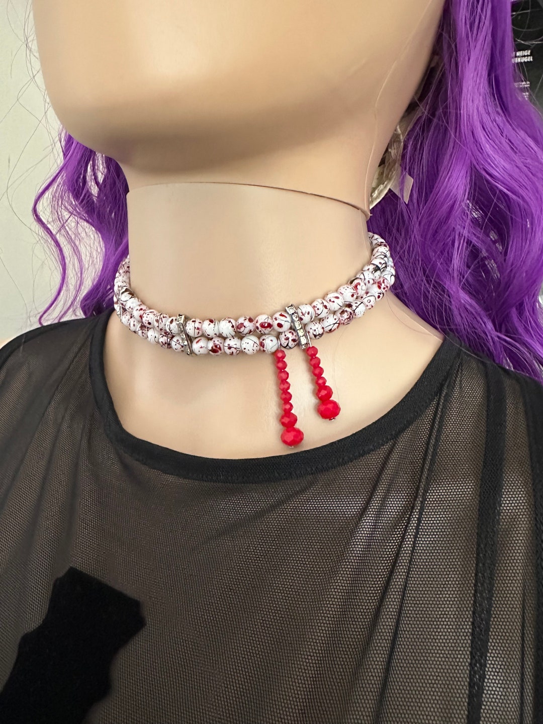 Choker Blood Spatter Glass Pearls White, Silver, and Red Vampire Drip ...
