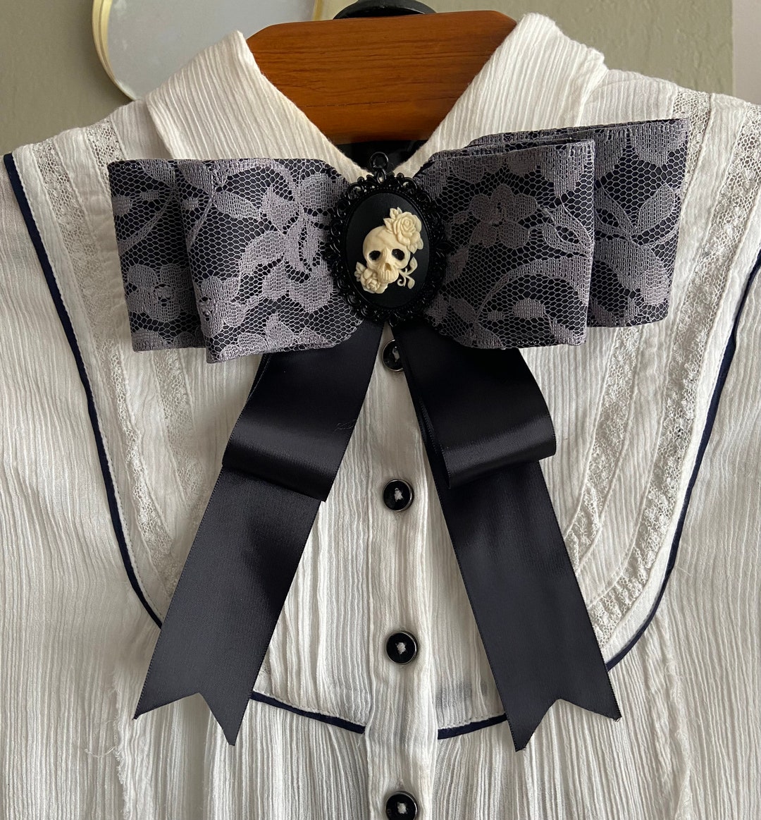 Lacey Skull and Roses Bowtie Brooch - Etsy