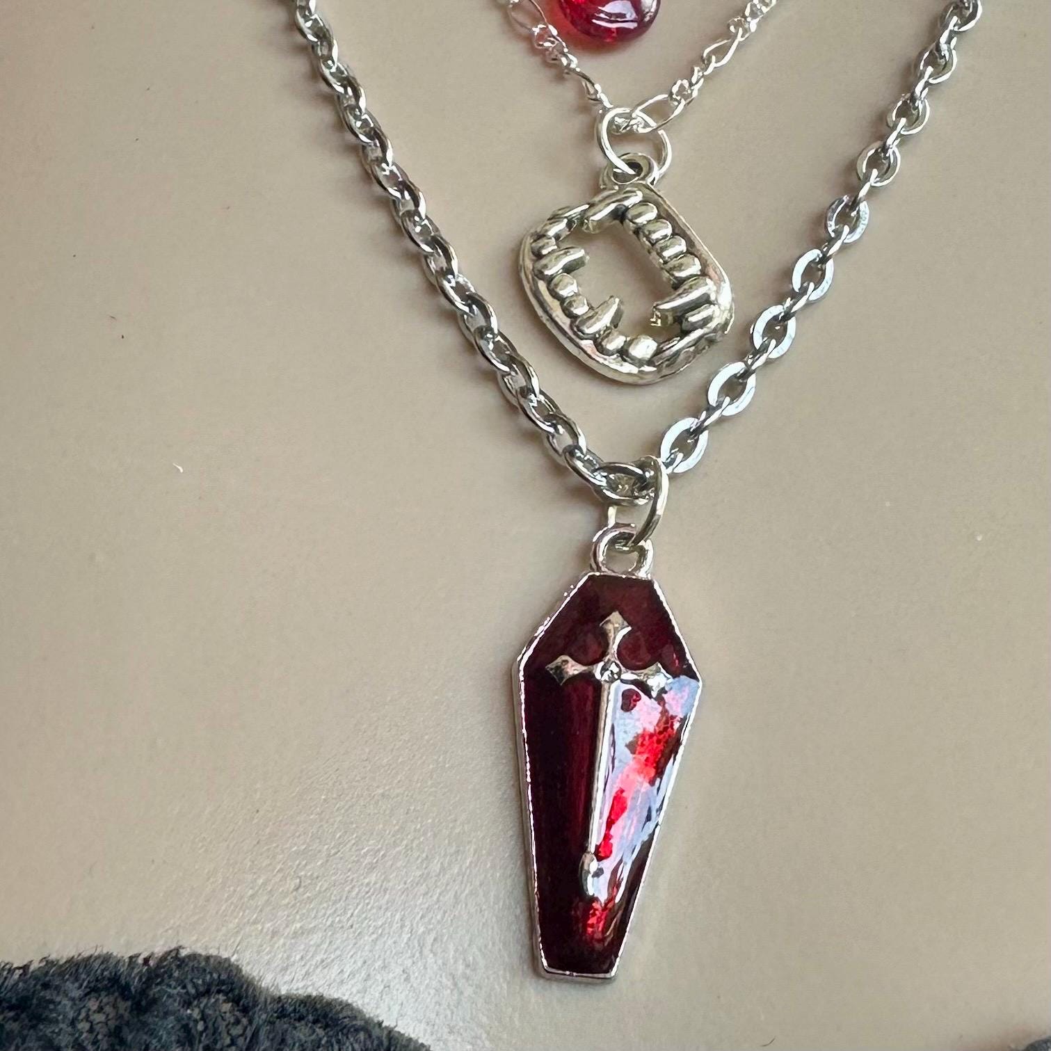Vampire Necklace Trio Silver Chain Blood Drop Fangs Coffin - Etsy