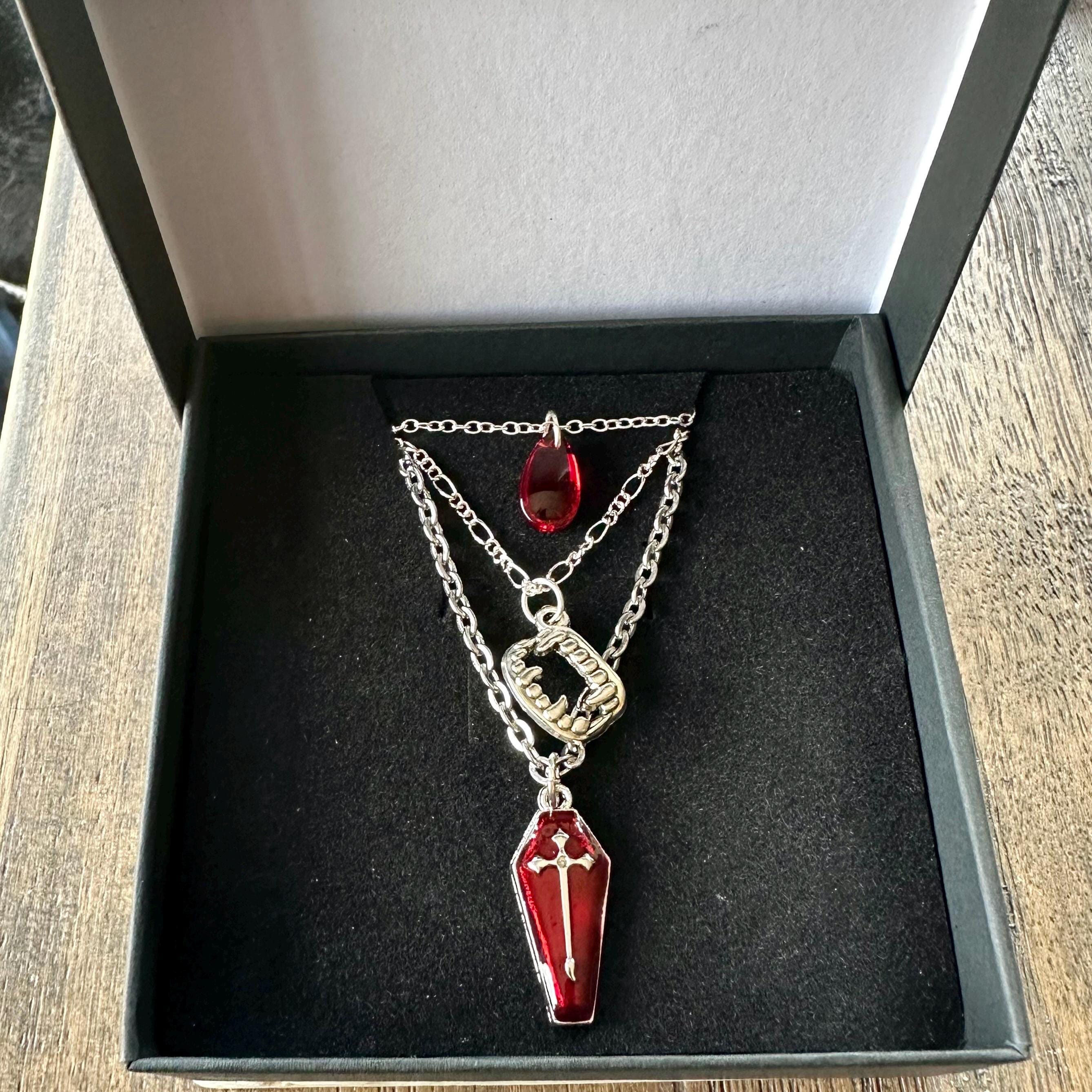 Vampire Necklace Trio Silver Chain Blood Drop Fangs Coffin - Etsy