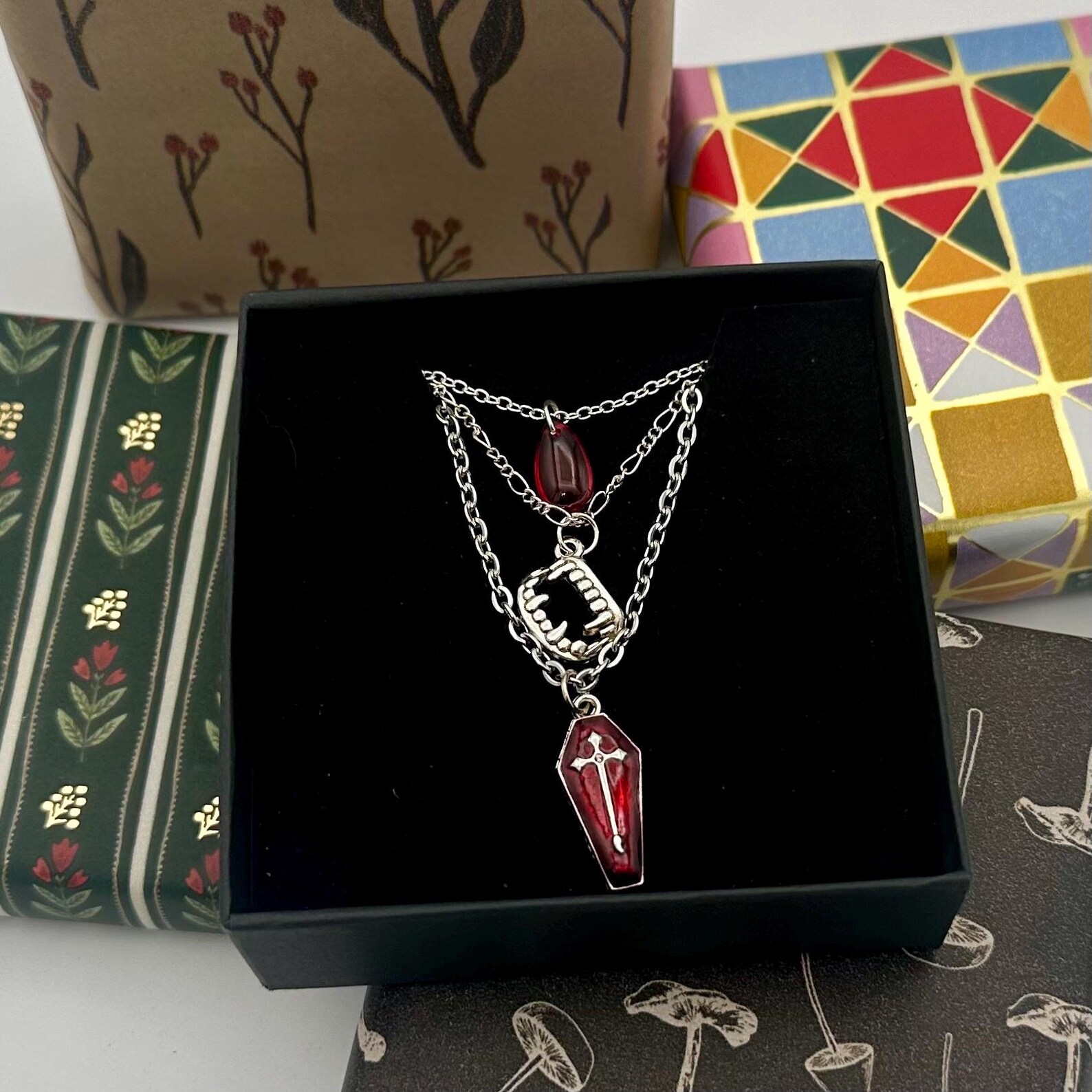 Vampire Necklace Trio Silver Chain Blood Drop Fangs Coffin - Etsy