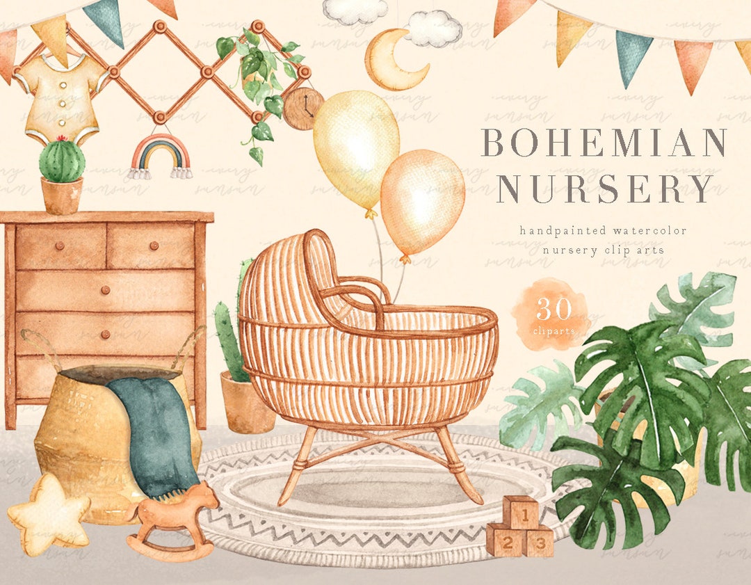 Bohemian Nursery Watercolor Clip Art, Boho Nursery, Nursery Room, Baby ...