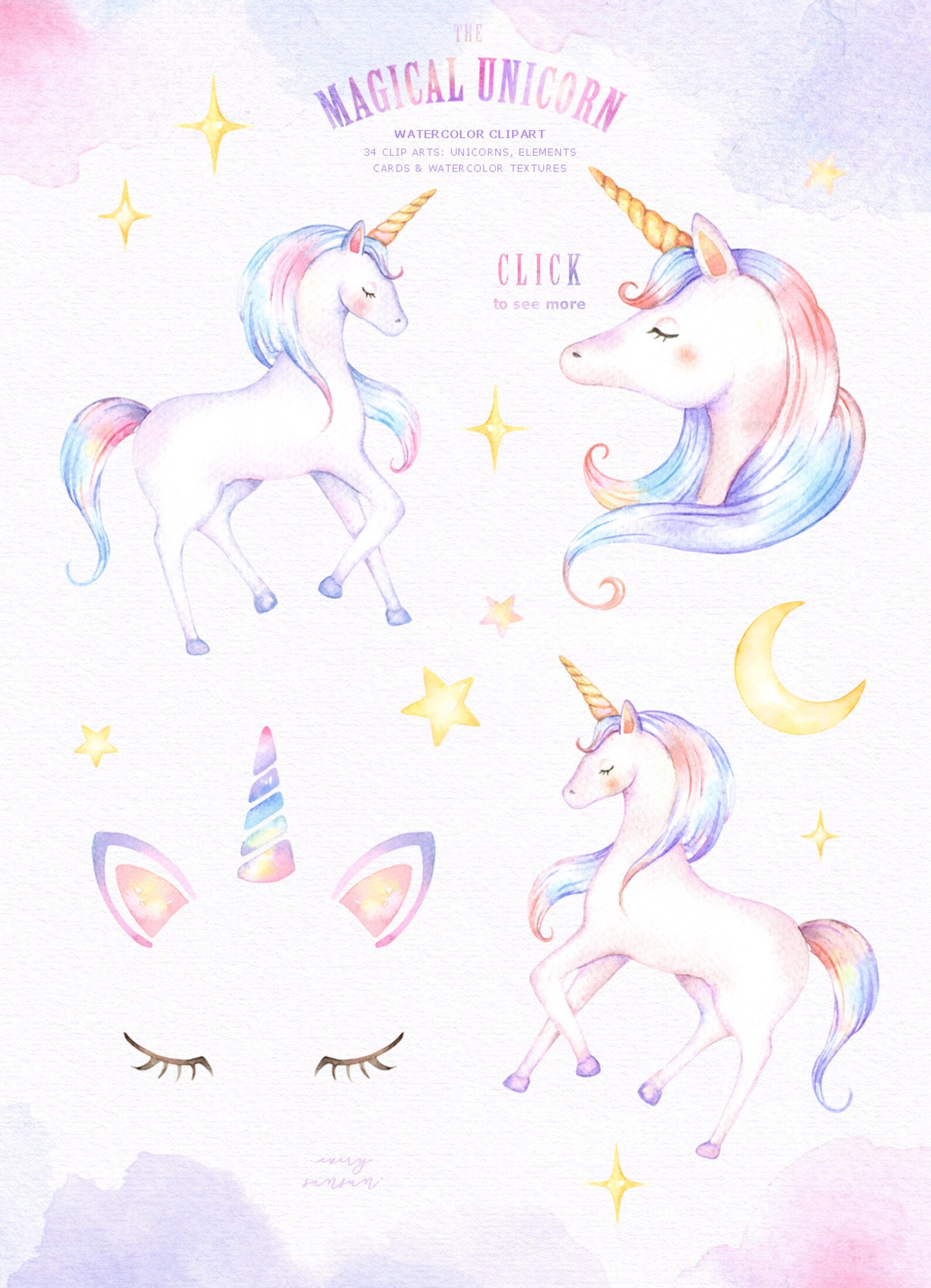 The Magical Unicorn Watercolor Set Rainbow Clipart Woodland | Etsy