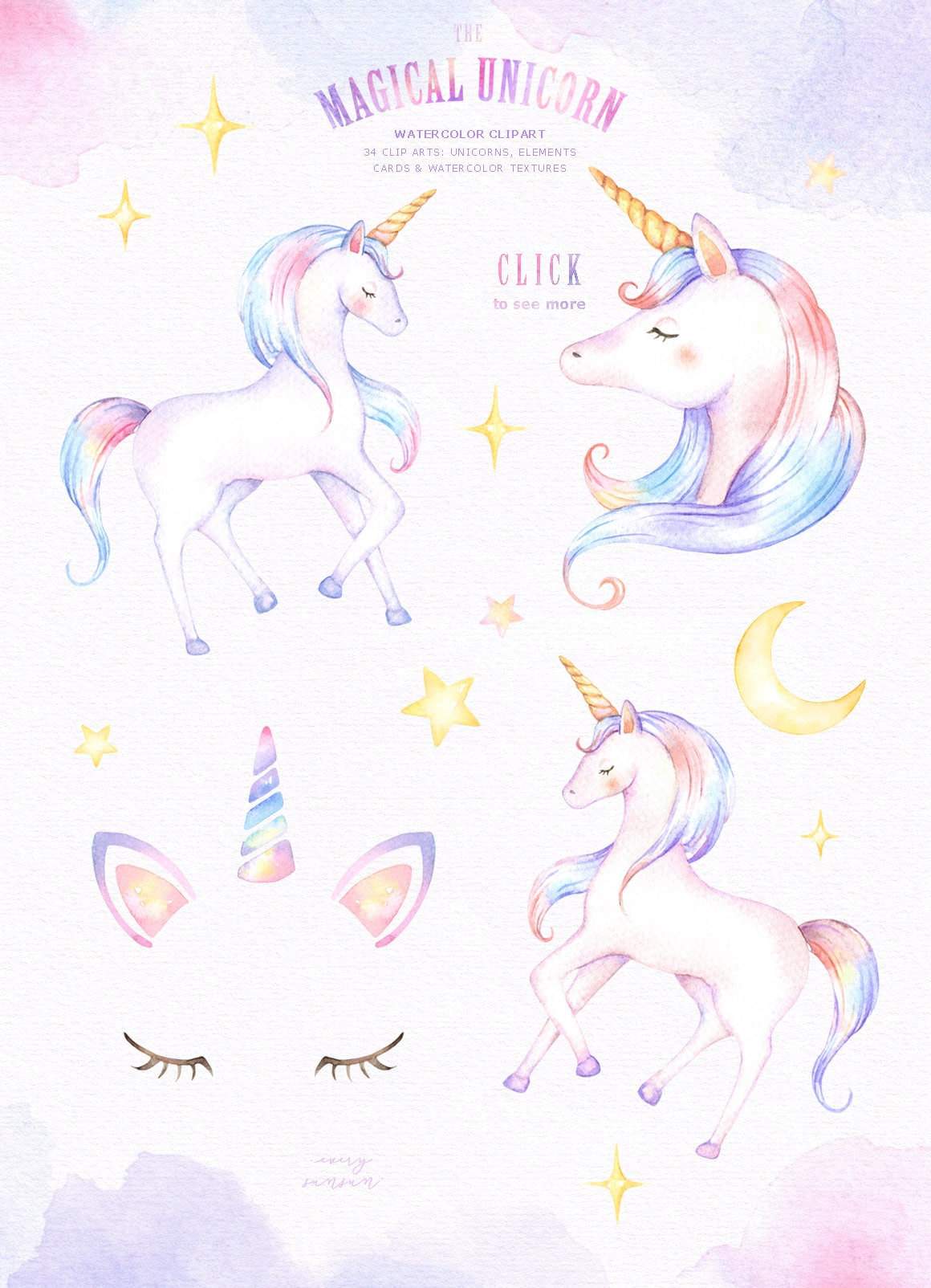 The Magical Unicorn Watercolor Set Rainbow Clipart Woodland | Etsy