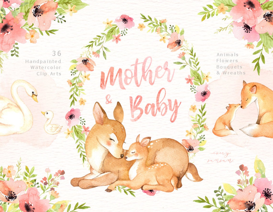 Mother & Baby Watercolor Clip Art Woodland Animals Kids - Etsy