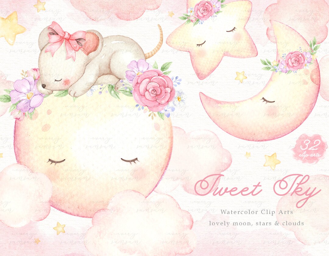 Sweet Sky Watercolor Clip Arts, Stars, Moon, Baby Girl Clipart, Kids ...