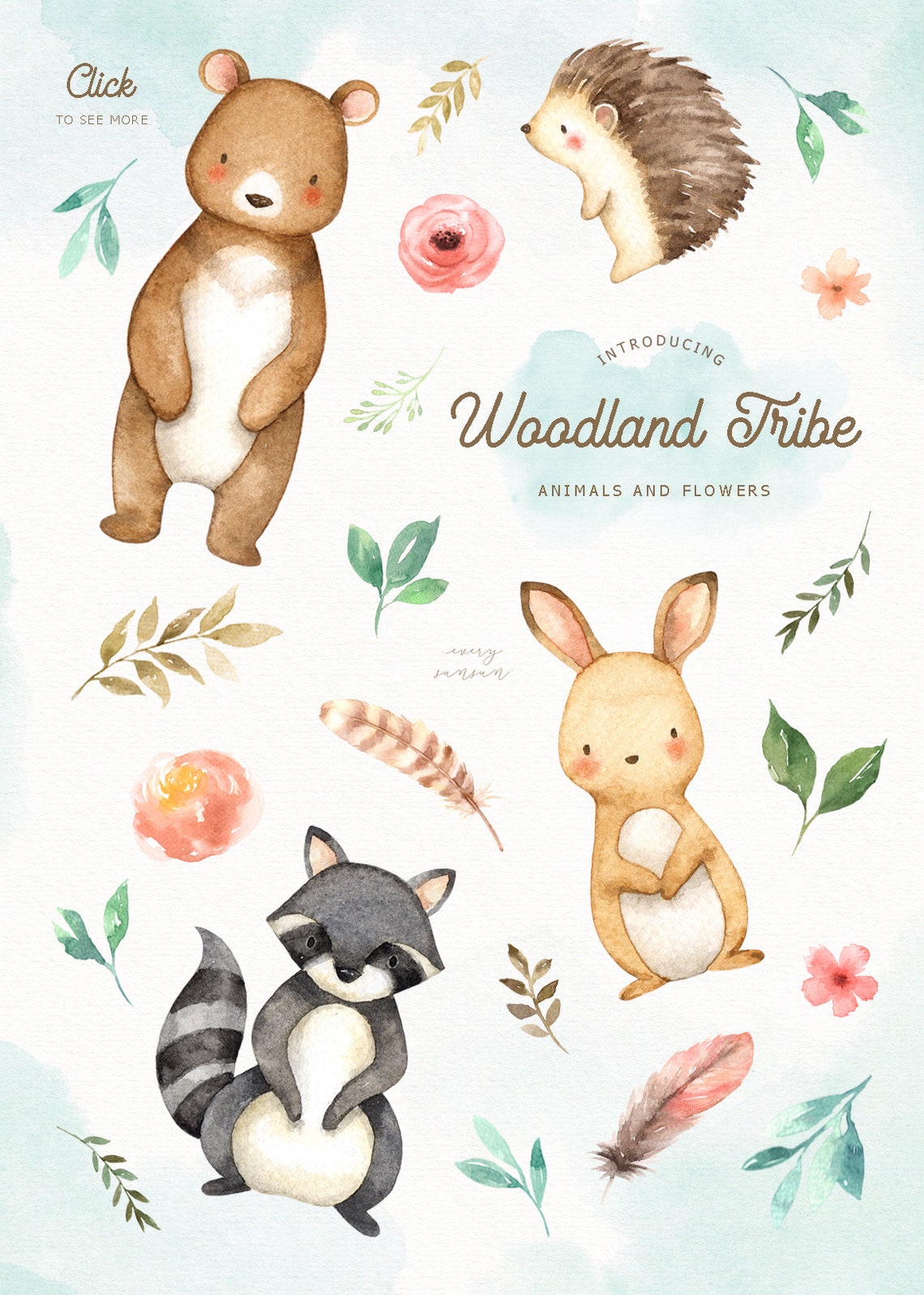 Woodland Tribe Watercolor Clip Art Woodland Animals Kids | Etsy