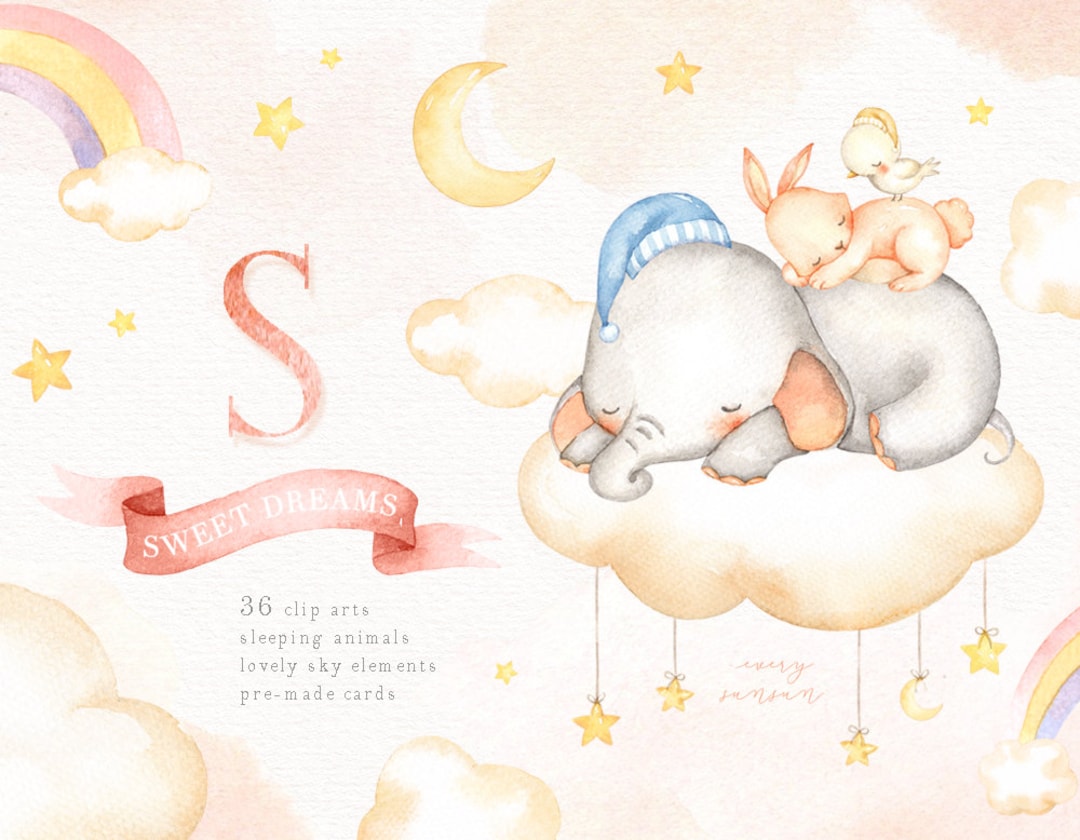Sweet Dreams Watercolor Clip Art, Elephant, Bunny, Bird, Moon, Woodland ...