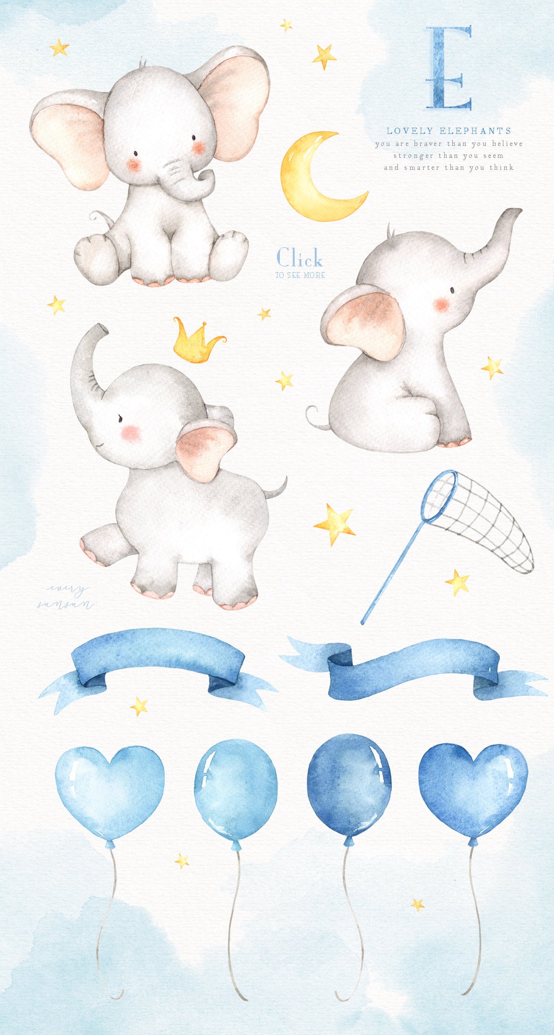 Lovely Blue Elephants Watercolor Clip Art Elephant Clipart - Etsy