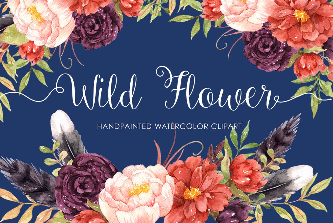 Wild Flower Watercolor Clip Arts Boho Clipart Burgundy White - Etsy