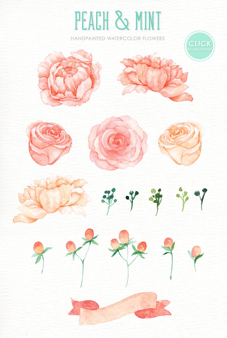 Peach and Mint Watercolor Clipart Hand Drawn. Romantic - Etsy