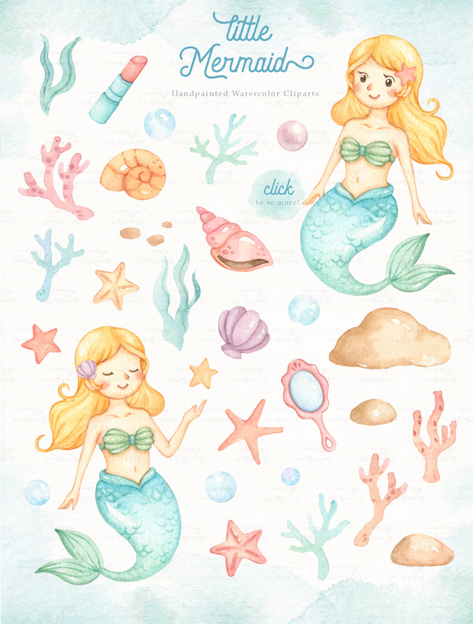 Little Mermaid Watercolor Clip Arts Sea Animals Nursery - Etsy